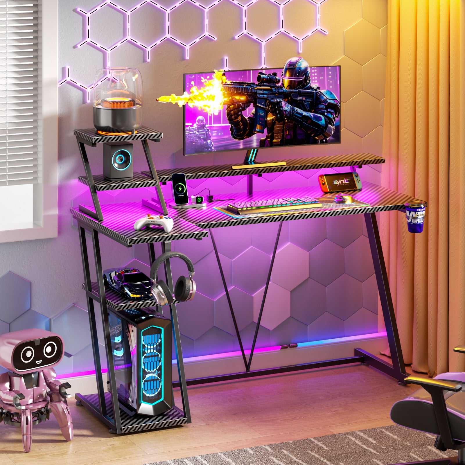 Satifur 47" Carbon Fiber Gaming Desk L-Shaped Computer Desk, RGB Light ...
