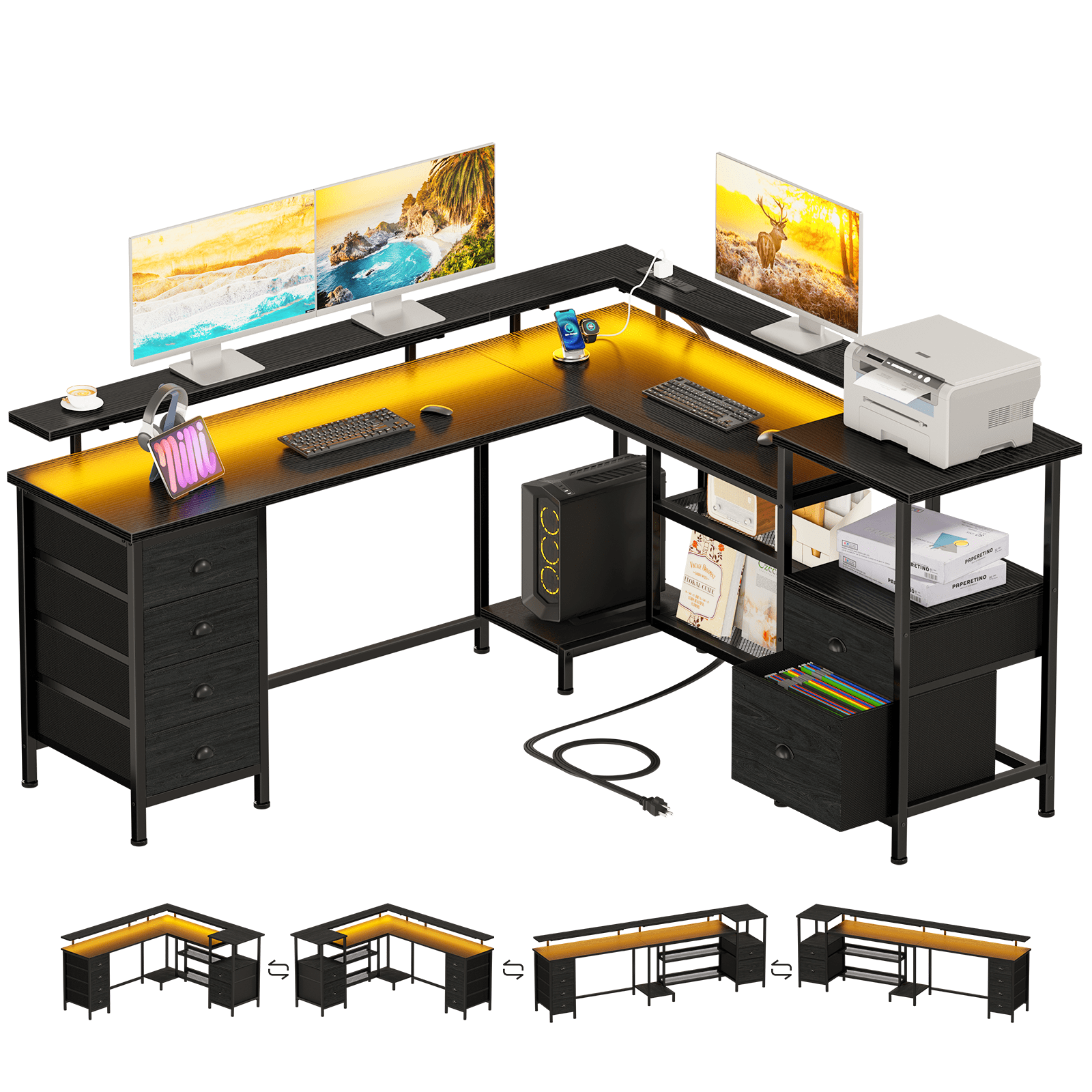 Hexmn Black L Shaped Office Desk with Drawers Storage, Dual Monitor Co ...