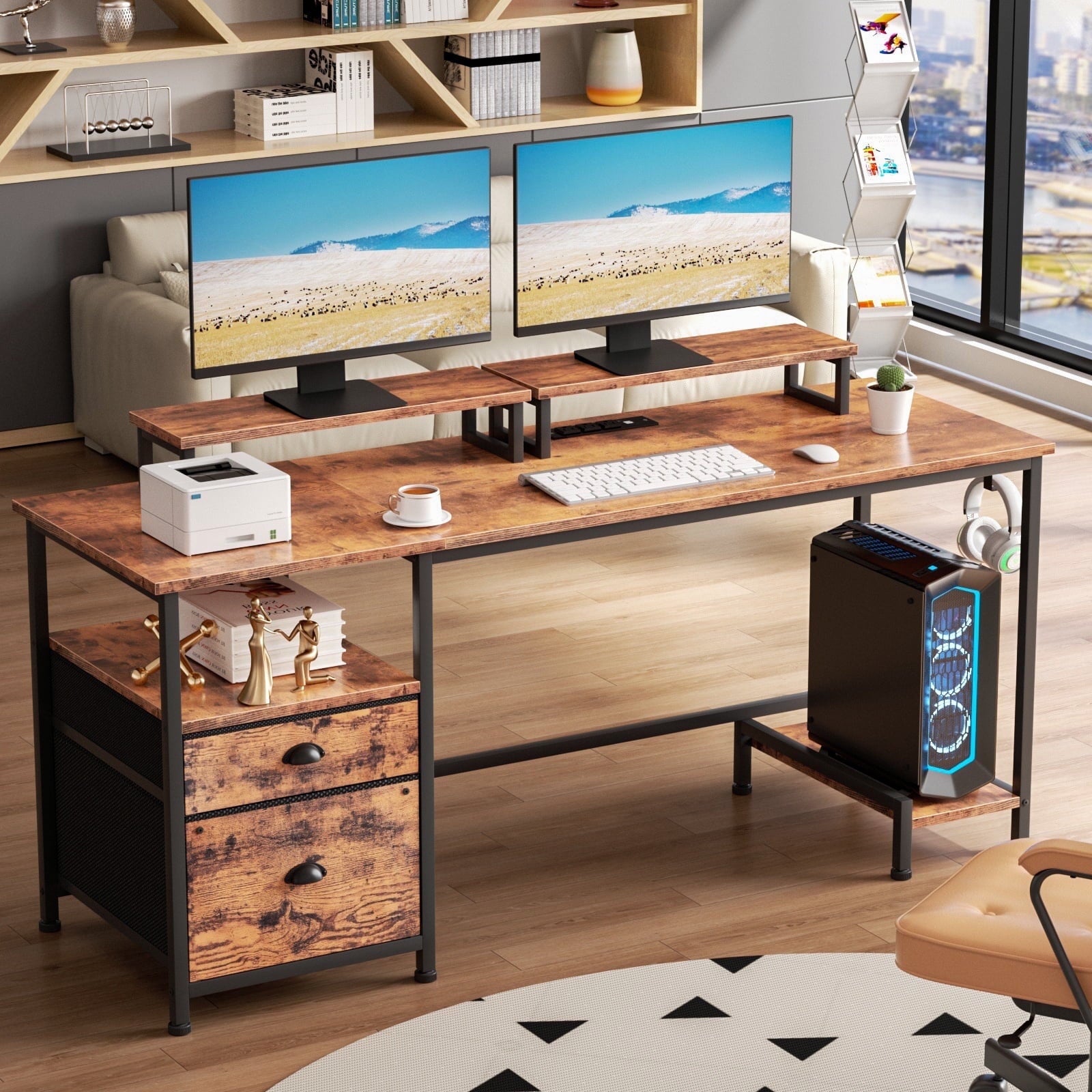 Hexmn Computer Writing Desk with 3 Movable Monitor Stands,for Bedroom ...